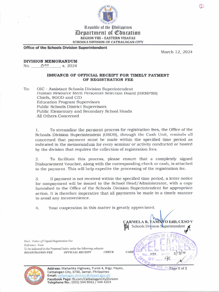 DM No. 090, S. 2024 - ISSUANCE OF OFFICIAL RECEIPT FOR TIMELY PAYMENT ...