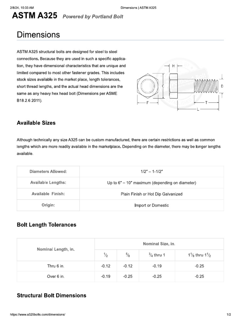 Dimensions _ ASTM A325 | PDF