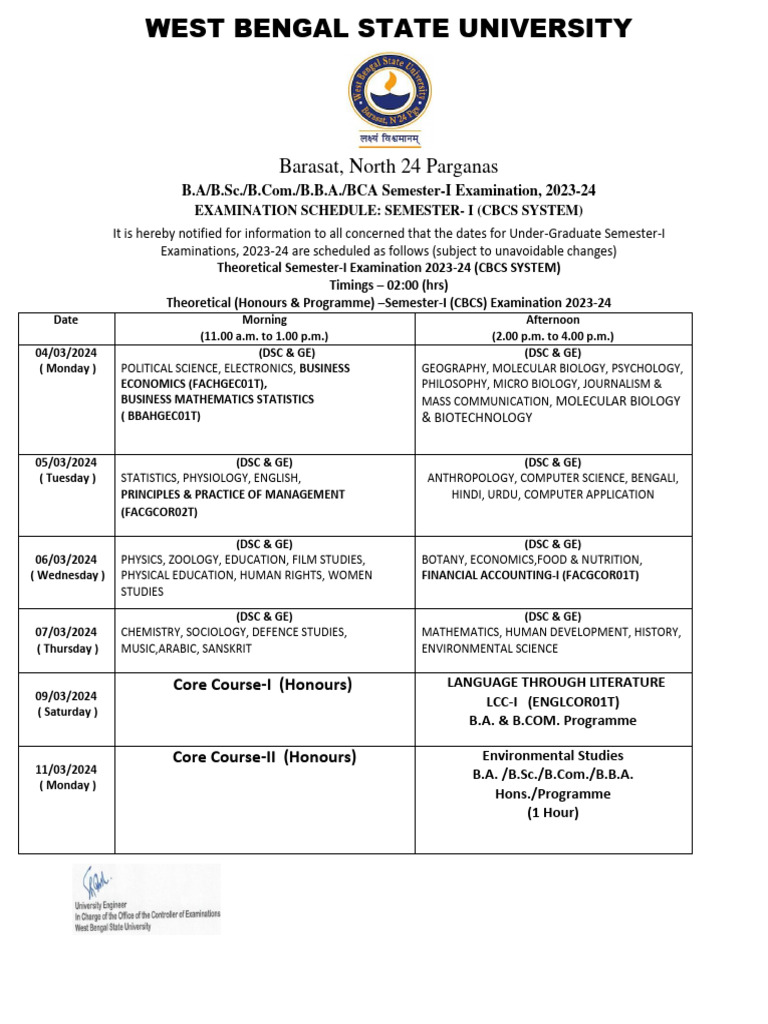 WBSU Semester-I Exam Schedule 2023-24 | PDF | Science | Liberal Arts Education