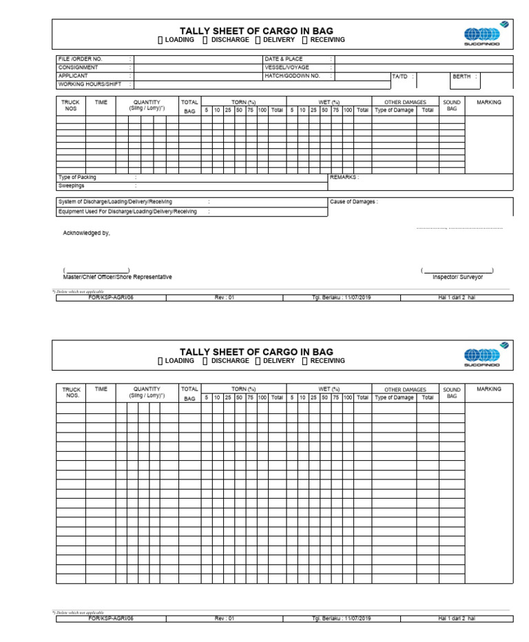 FOR KSP AGRI 06 TALLY SHEET OF CARGO IN BAG | PDF | Shipping | Freight ...