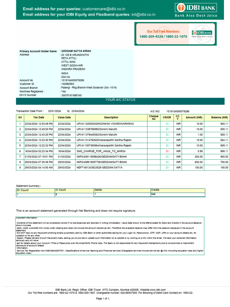 Satya Statement | PDF | Debit Card | Debits And Credits