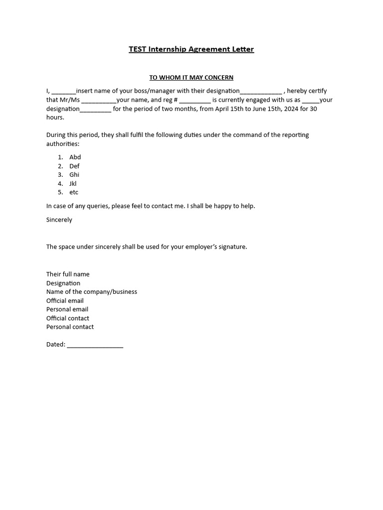 TEST Internship Agreement Letter | PDF