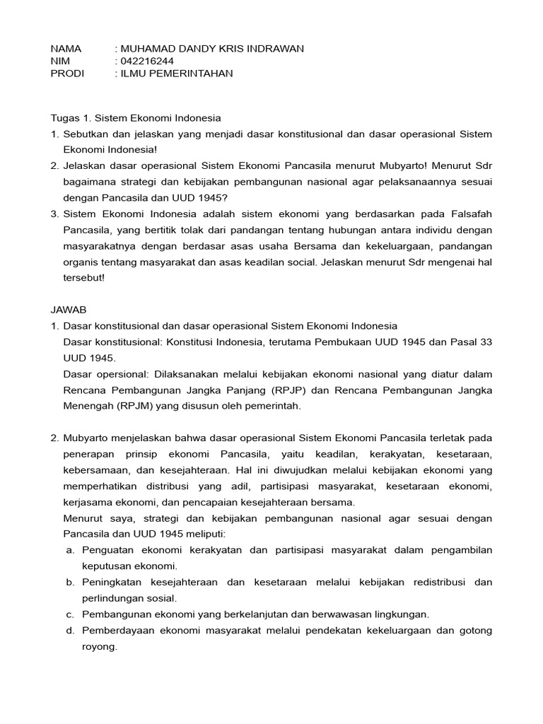 Tugas 1 - Muhamad Dandy Kris Indrawan - ISIP4310 - Sistem Ekonomi Indonesia | PDF
