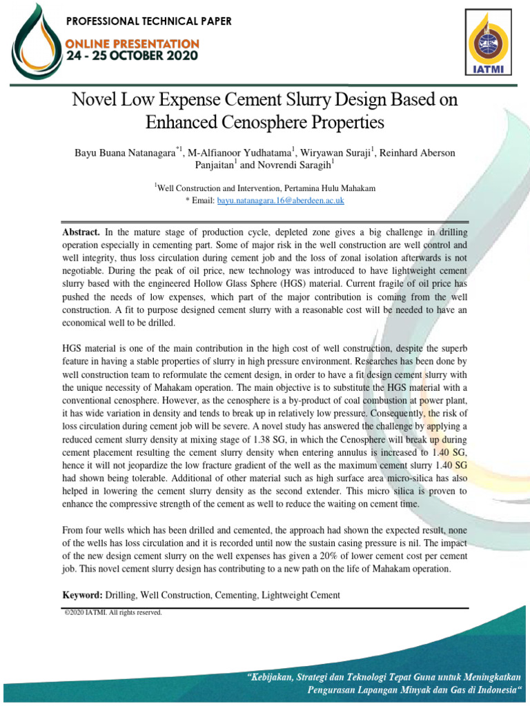 IATMI 20-044 Novel Low Expense Cement Slurry Design Based On Enhanced ...