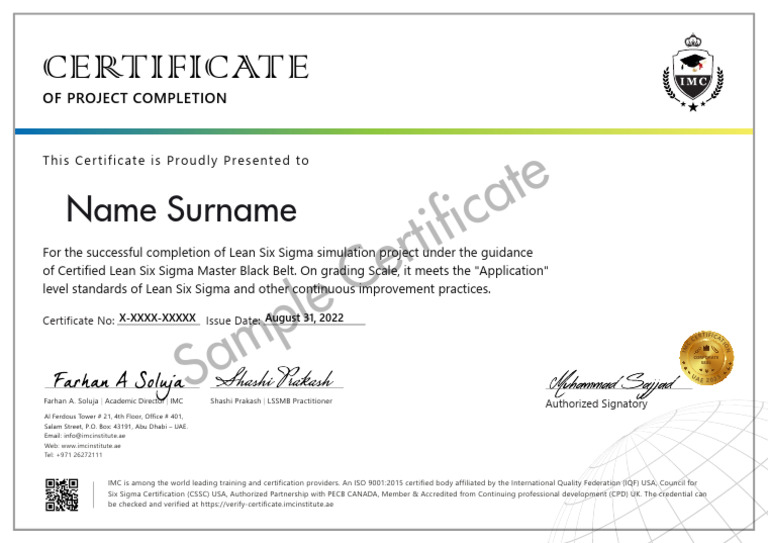 Project Complition Certificate Sample LSSBB | PDF | Vocational Education