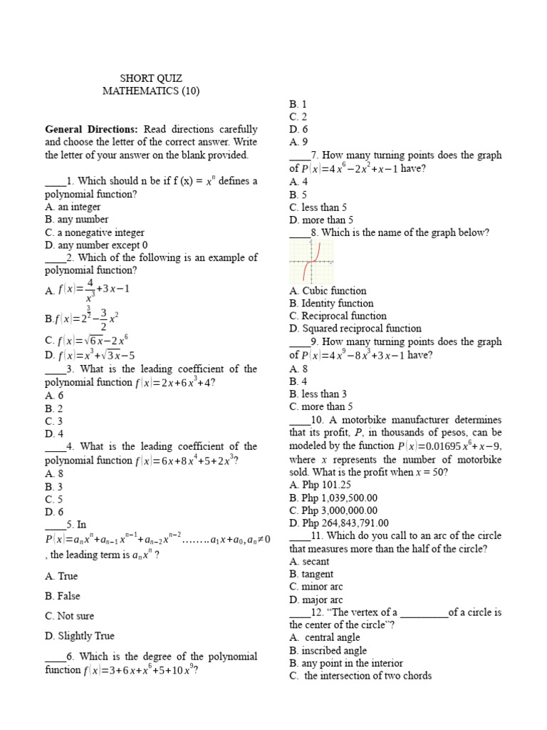 Short Quiz Reviewer | PDF | Function (Mathematics) | Circle