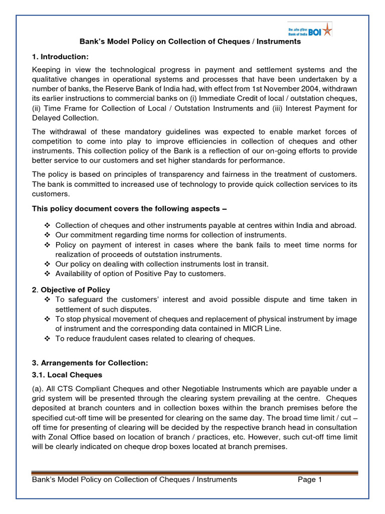 Bank Model Policy | PDF | Cheque | Banks