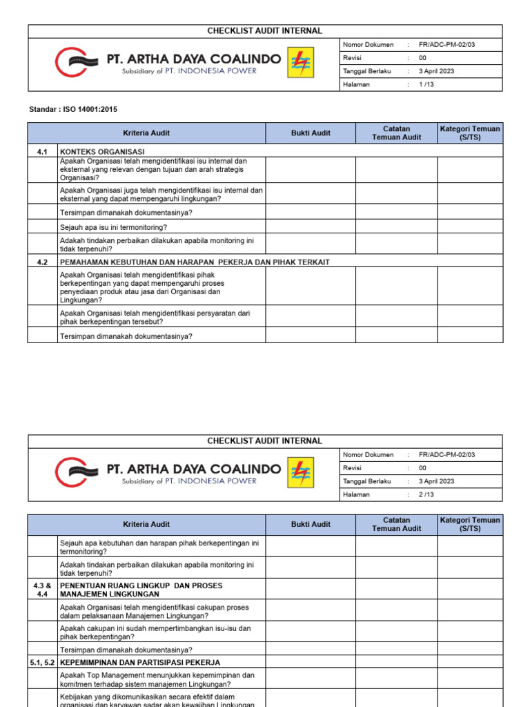 Checklist Audit Internal ISO 14001 | PDF