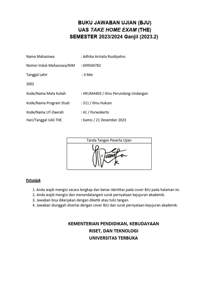Adhika Armata Rusdiyatno - 049504782 - HKUM4403 Ilmu Perundang-Undangan (Take Home Exam) | PDF