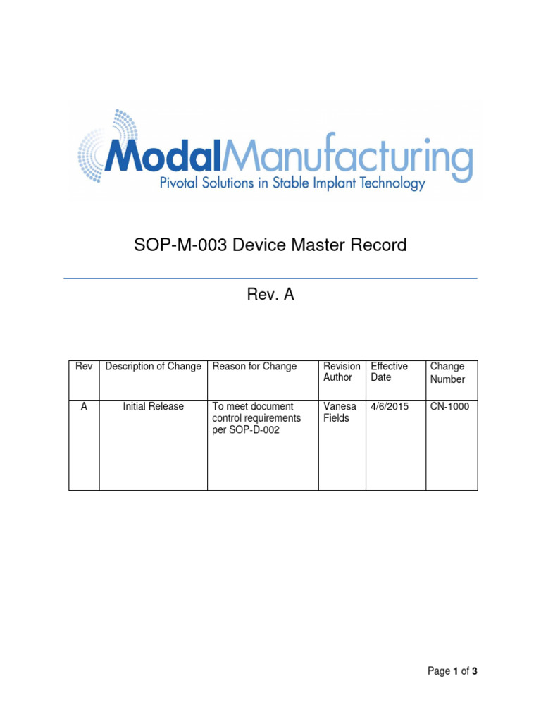 Device Master Record SOP Overview | PDF | Quality Assurance ...