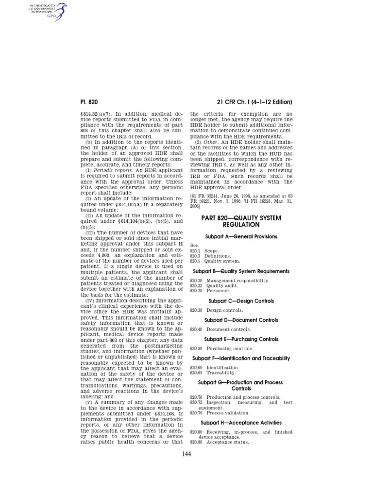 21 CFR Part 820 | PDF | Quality Management System | Verification And ...