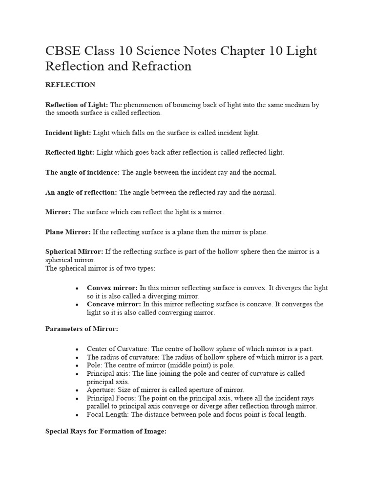 Physics - Light Reflection N Refraction Class 10 | PDF | Mirror | Optics