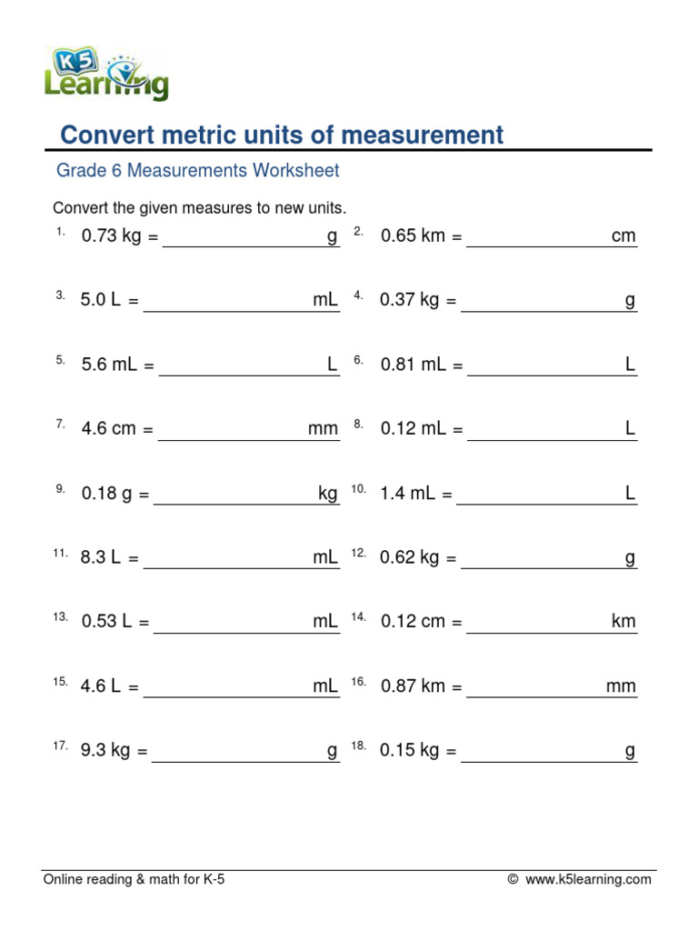 Grade 6 Measurements Worksheet - Convert Metric Units of Measurement | PDF