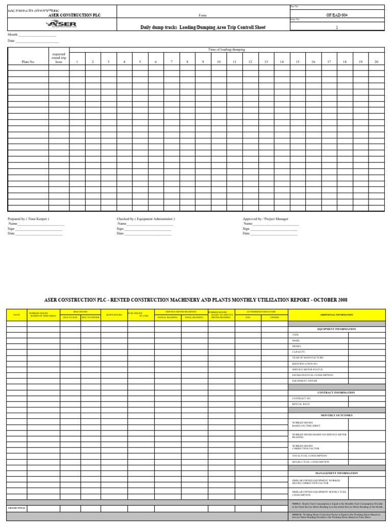 Of-EAD-004 Daily Dump Trucks Dumping & Loading Area Trip Control Sheet ...
