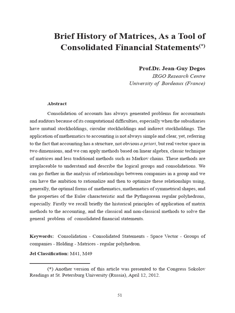 Brief History of Matrices, As a Tool of Consolidated Financial ...