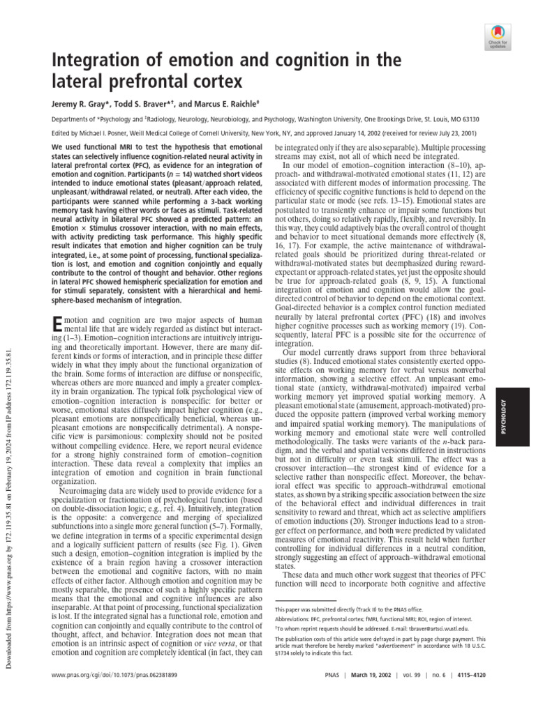 Gray Et Al. (2002) .Integration of Emotion and Cognition in The Lateral ...