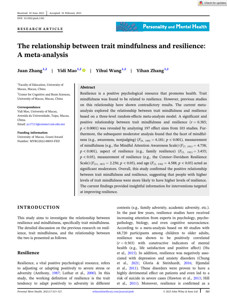 Zhang Et Al. (2023) .The Relationship Between Trait Mindfulness and ...