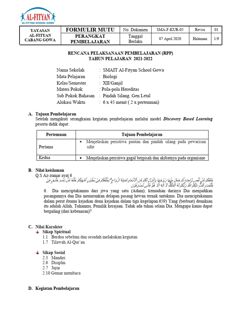 RPP DL Tautan Gen | PDF