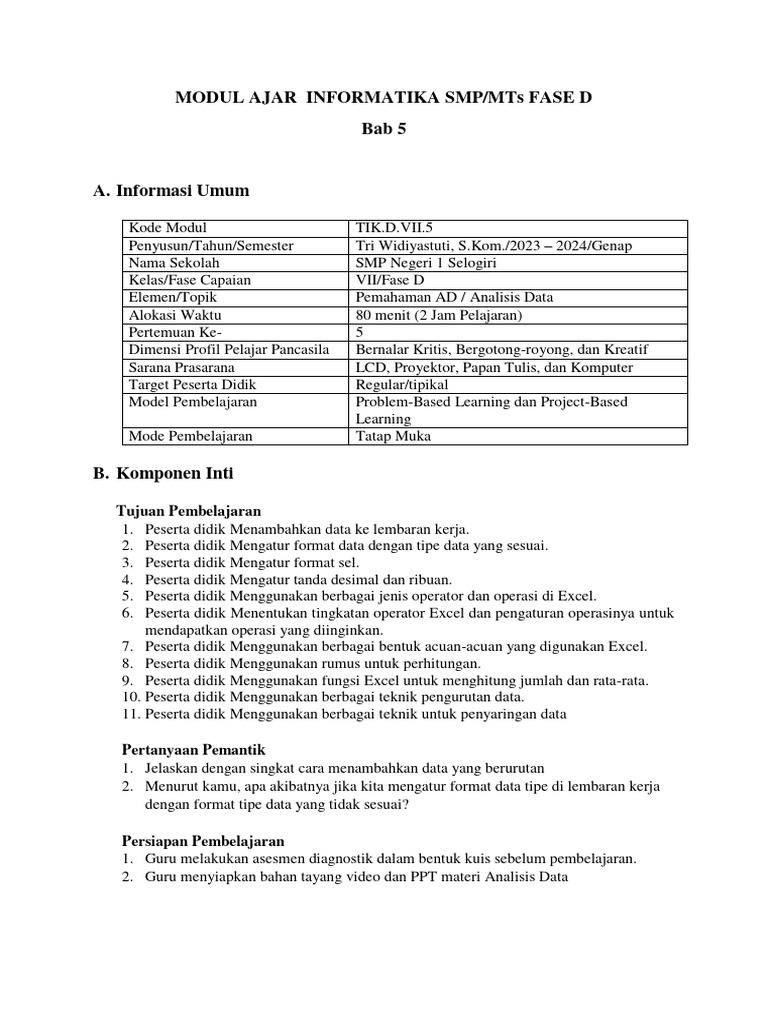Modul Ajar Informatika - MODUL AJAR INFORMATIKA SMP - MTs FASE D - Fase D | PDF