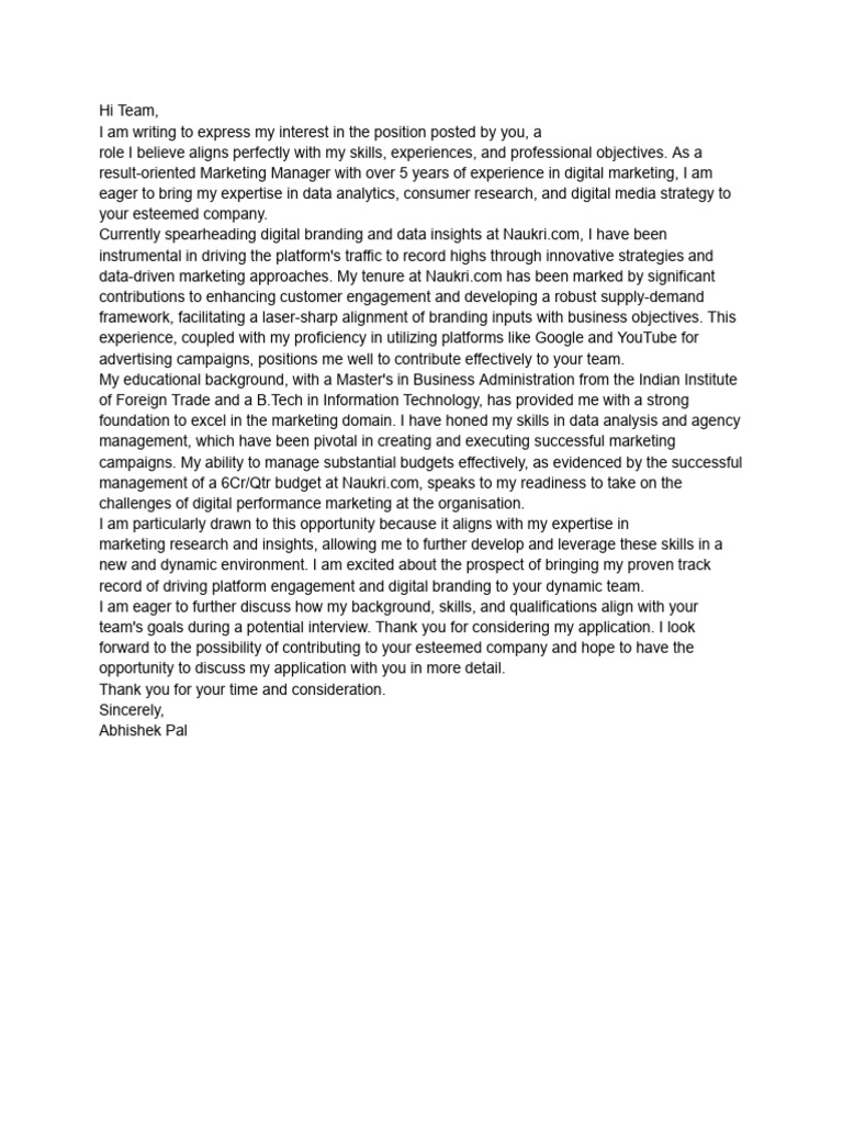 Ahishek Pal - Cover Letter | PDF