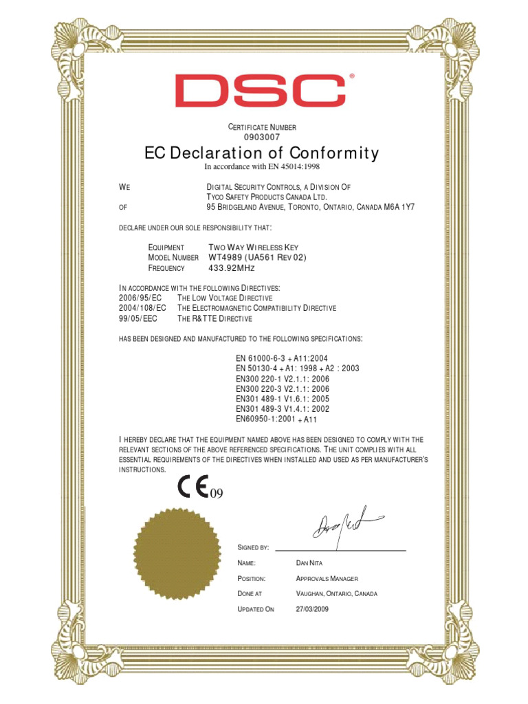 Certificat de Calitate Telecomanda WS4989 | PDF