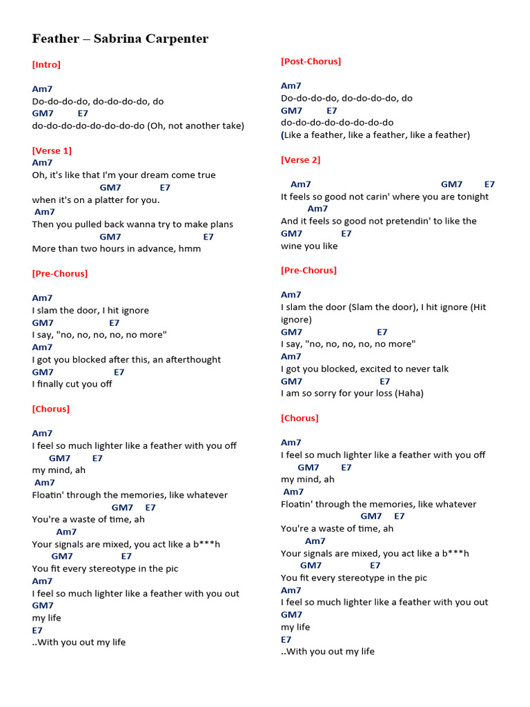 Feather Lyrics by Sabrina Carpenter | PDF | Song Structure | Musical Forms