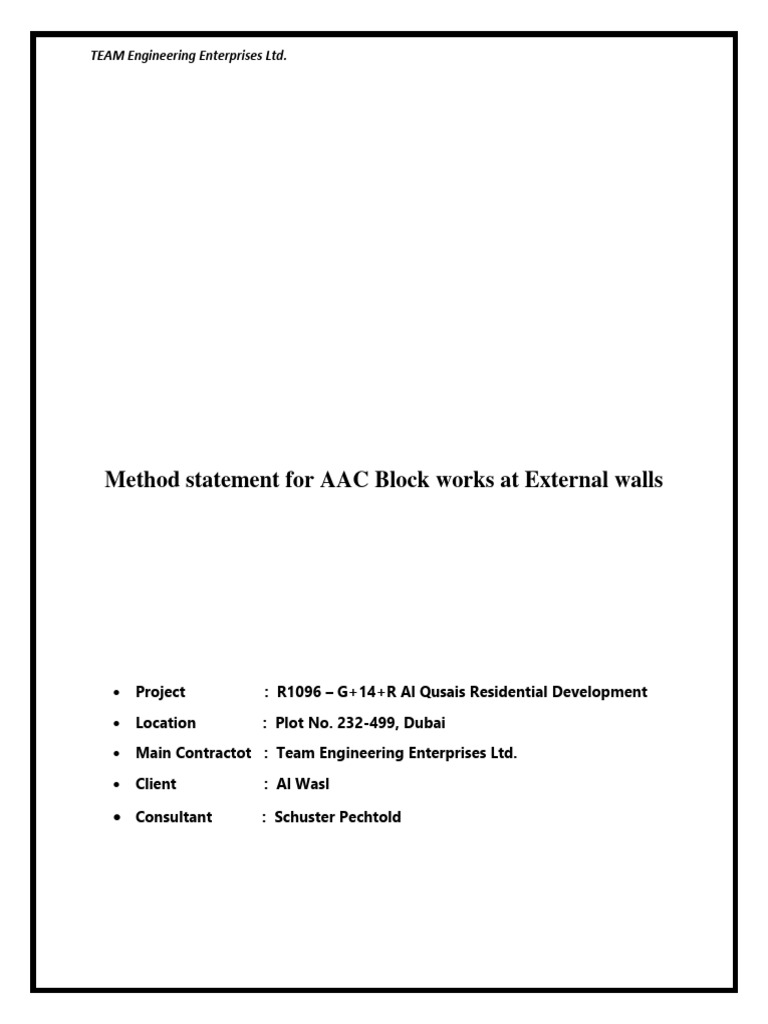 AAC Block Work Method Statement | PDF | Concrete | Building Engineering