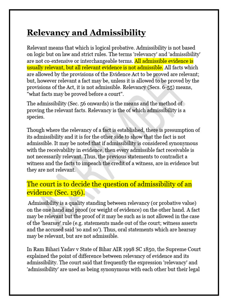 Relevancy vs. Admissibility Explained | PDF | Fourth Amendment To The ...
