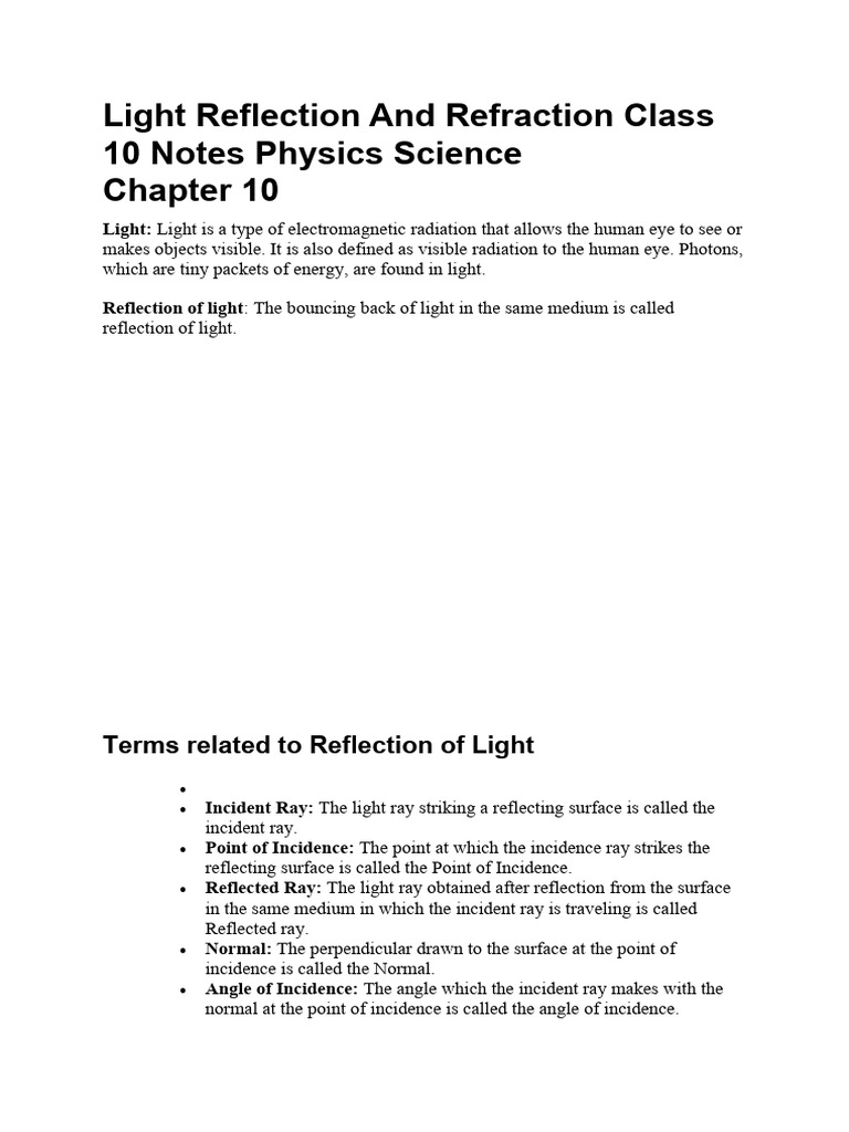 Class 10 Physics: Light Concepts | PDF | Reflection (Physics) | Mirror