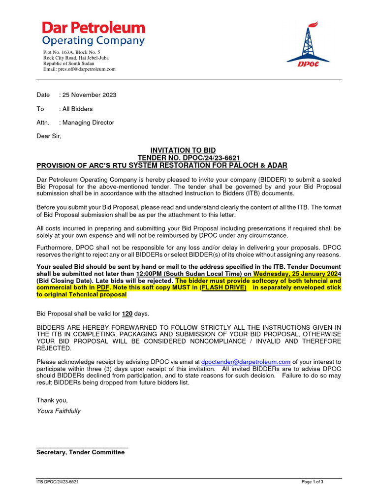 02 Invitation To Bid Letter - Tender 6621 | PDF