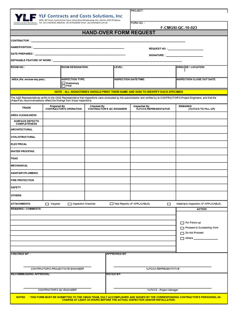 Copy of F-YLFCCS-QC-10-023 HAND-OVER FORM REQUEST | PDF