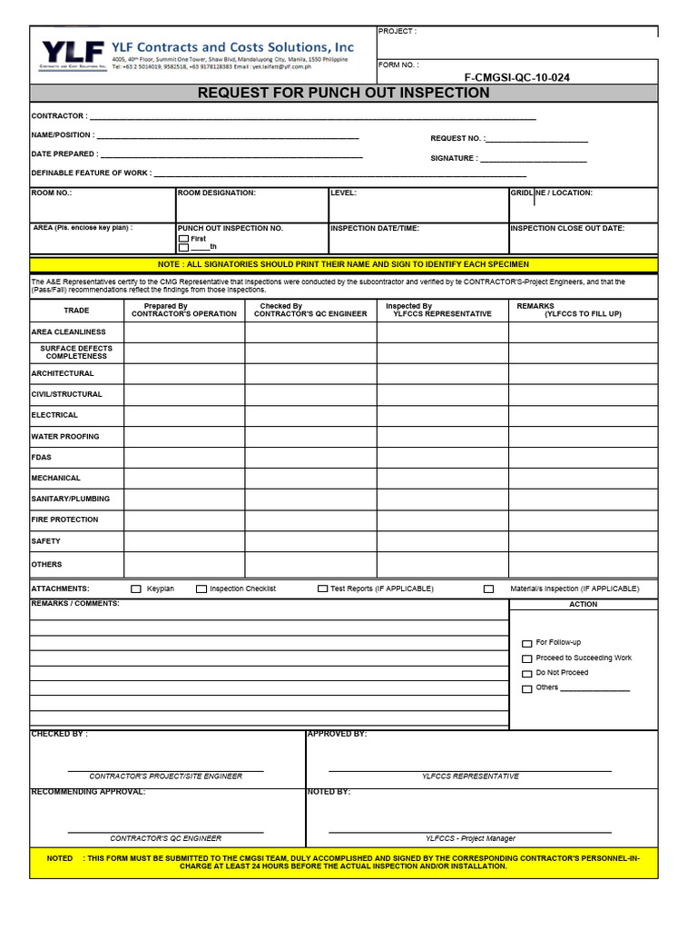 F-YLFCCS-QC-10-024 REQUEST FOR PUNCH OUT INSPECTION | PDF