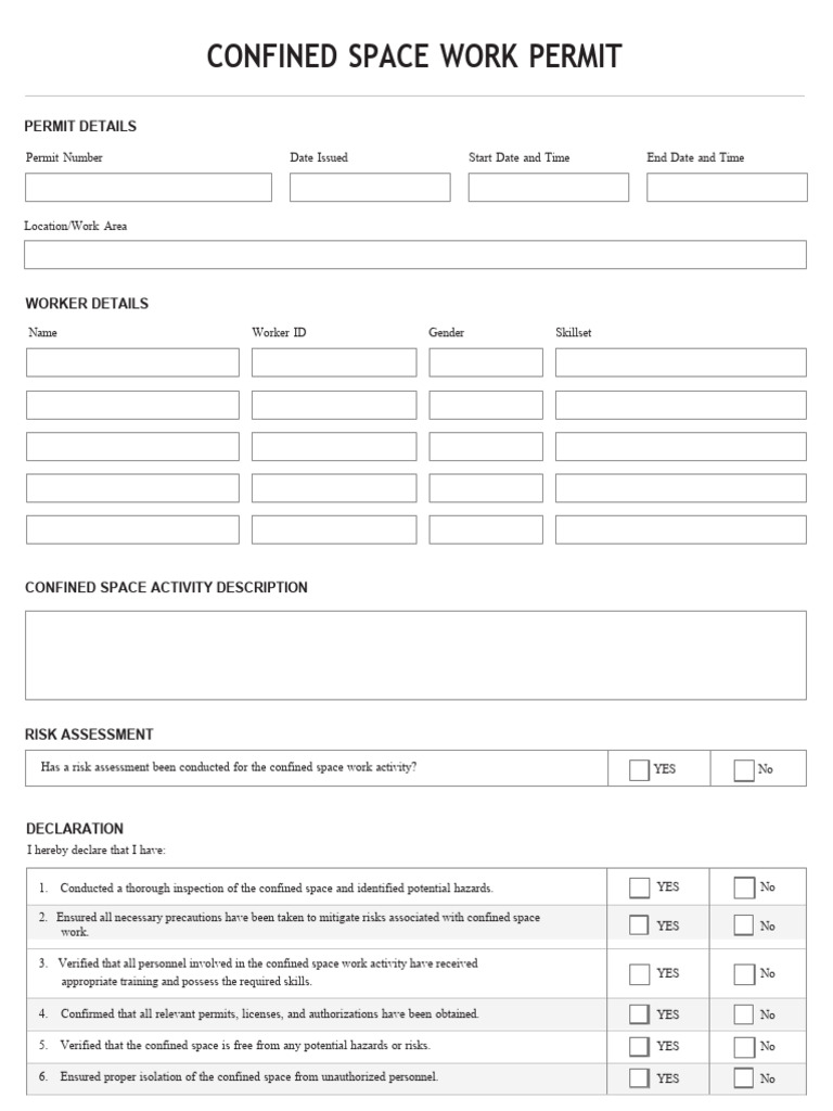 Confined Space Work Permit | PDF | Workplace | Working Conditions