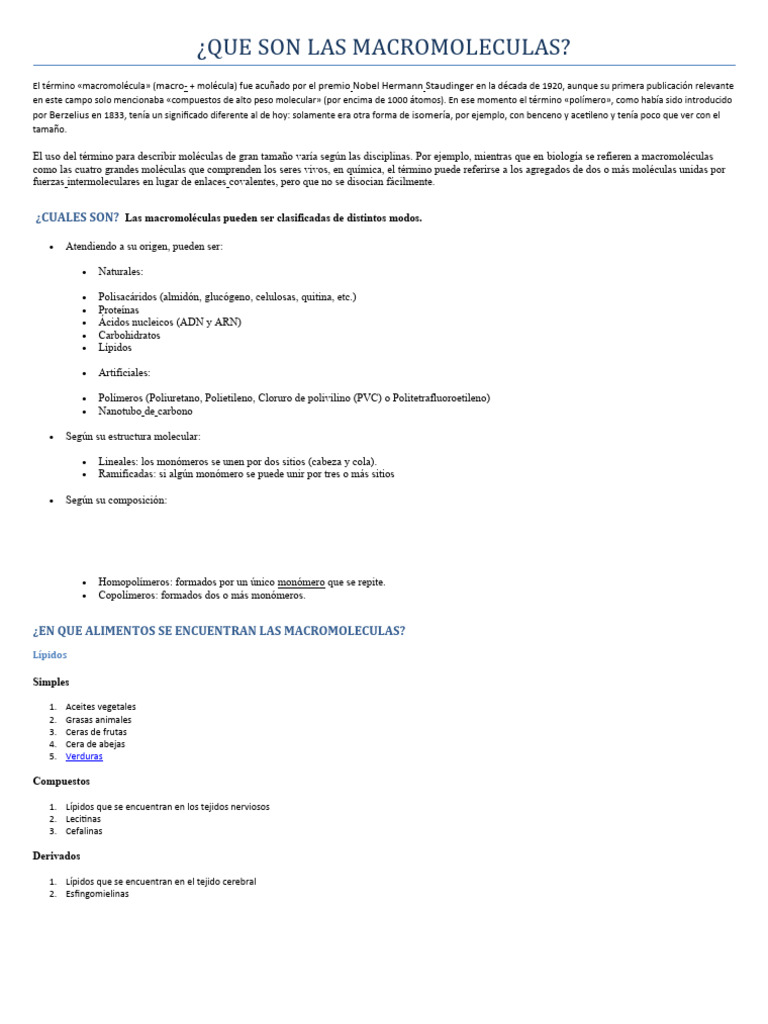 Tipos y Ejemplos de Macromoléculas | PDF | Macromoléculas | Biología