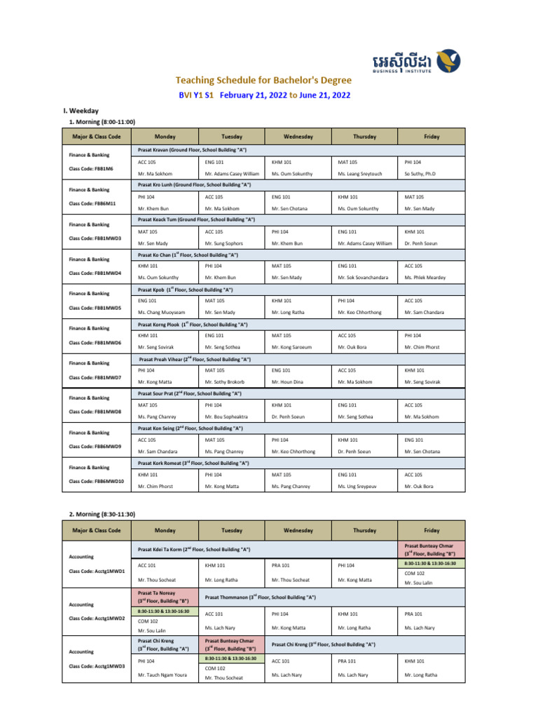Class Schedule for Mr. Ma Sokhom | PDF