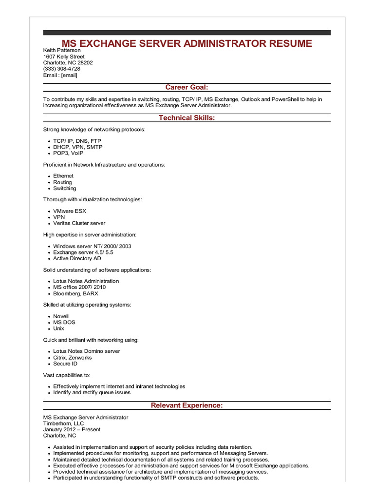 MS Exchange Server Administrator Resume | PDF | Microsoft Exchange ...