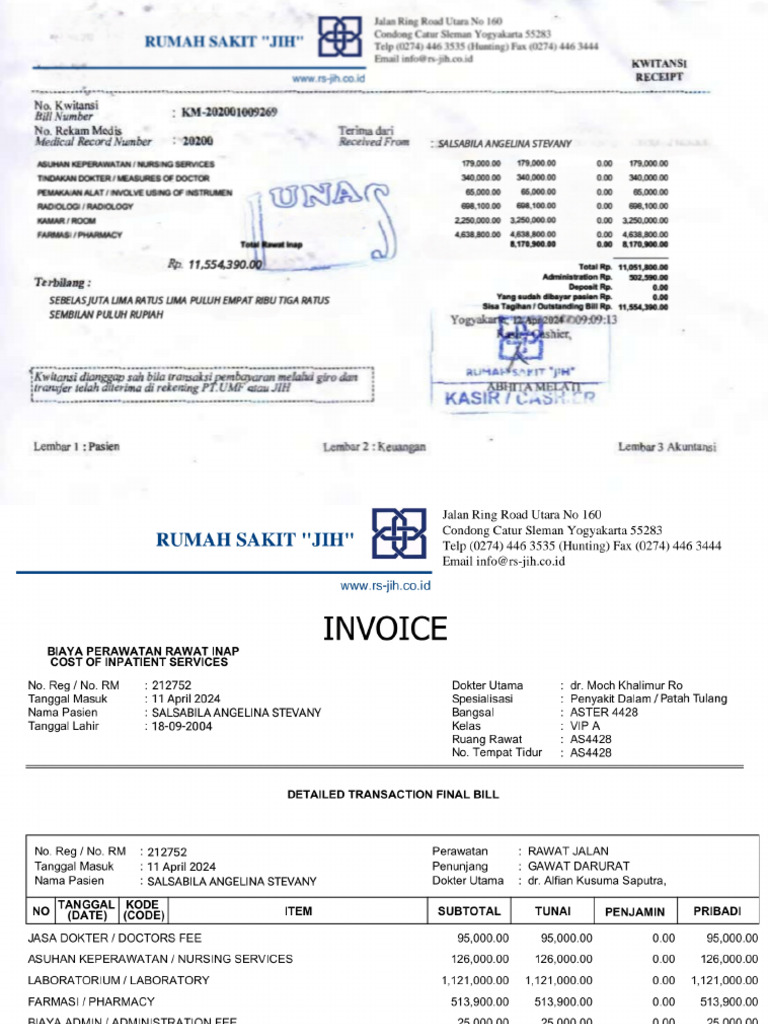 Kwitansi & Invoice RS JIH, Salsabila | PDF