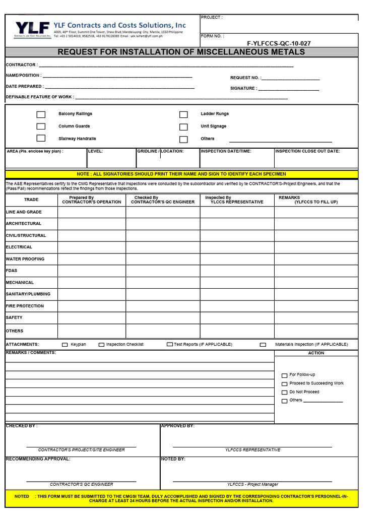 F-YLFCCS-QC-10-027 REQUEST FOR INSTALLATION OF MISCELLANEOUS METALS | PDF