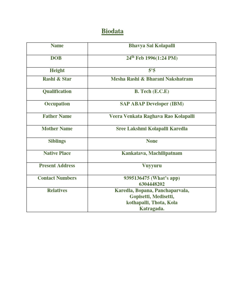 Biodata - Bhavya | PDF