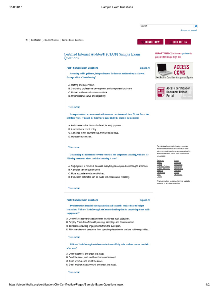 Sample Exam Questions CIA | PDF | Audit | Internal Audit