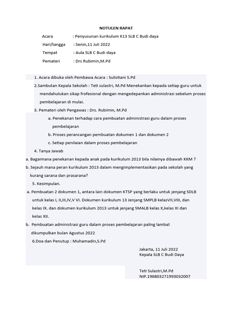 NOTULEN RAPAT Penyusunan Kurikulum 29 | PDF