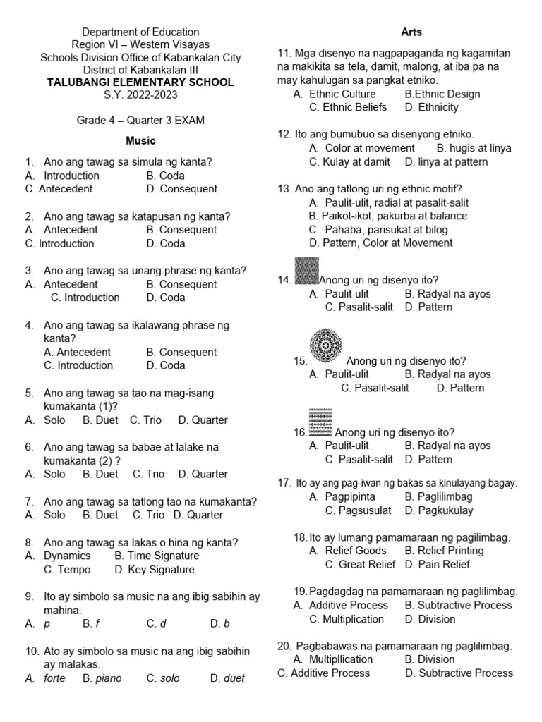 Grade 4 MAPEH Quarter 3 Exam Final | PDF