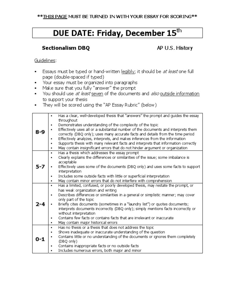 Sectionalism DBQ Essay Guidelines | PDF | Essays | Thesis