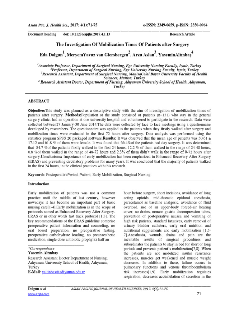 Post-Surgery Patient Mobilization Study | PDF | Surgery | Anesthesia