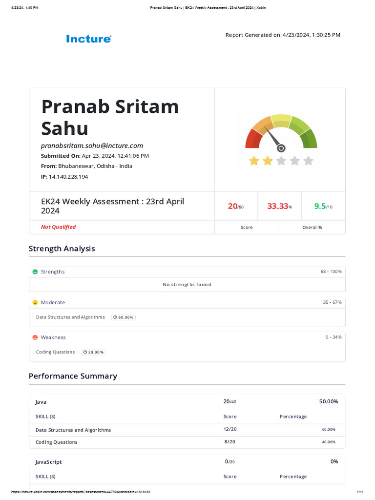 Pranab Sritam Sahu - EK24 Weekly Assessment - 23rd April 2024 - Xobin | PDF | Parameter ...