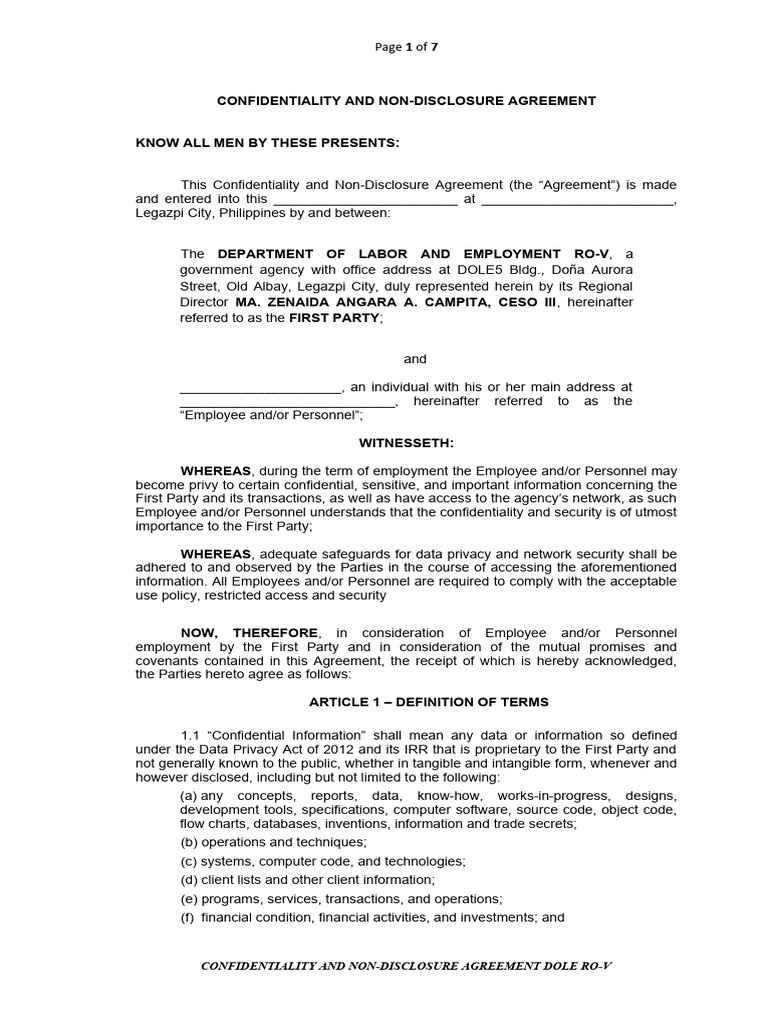 Confidentiality and Non Disclosure Agreement - Dole Ro V | PDF | Legal Remedy | Non Disclosure ...