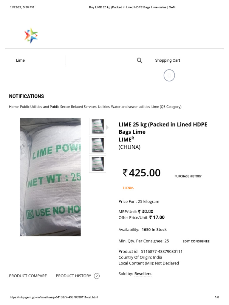 Buy LIME 25 KG (Packed in Lined HDPE Bags Lime Online - GeM | PDF ...