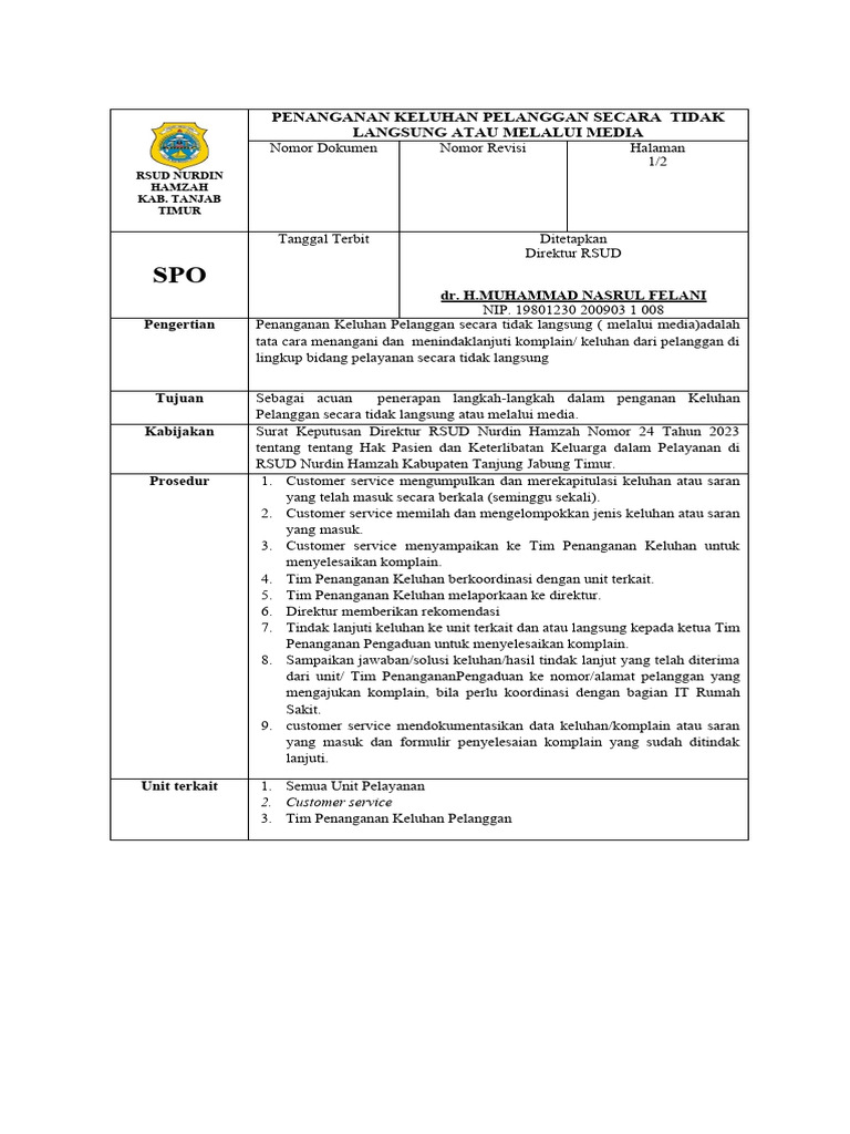 Sop Penanganan Keluhan Pelanggan Secr Tidak Langsung Atau Melalui Media | PDF