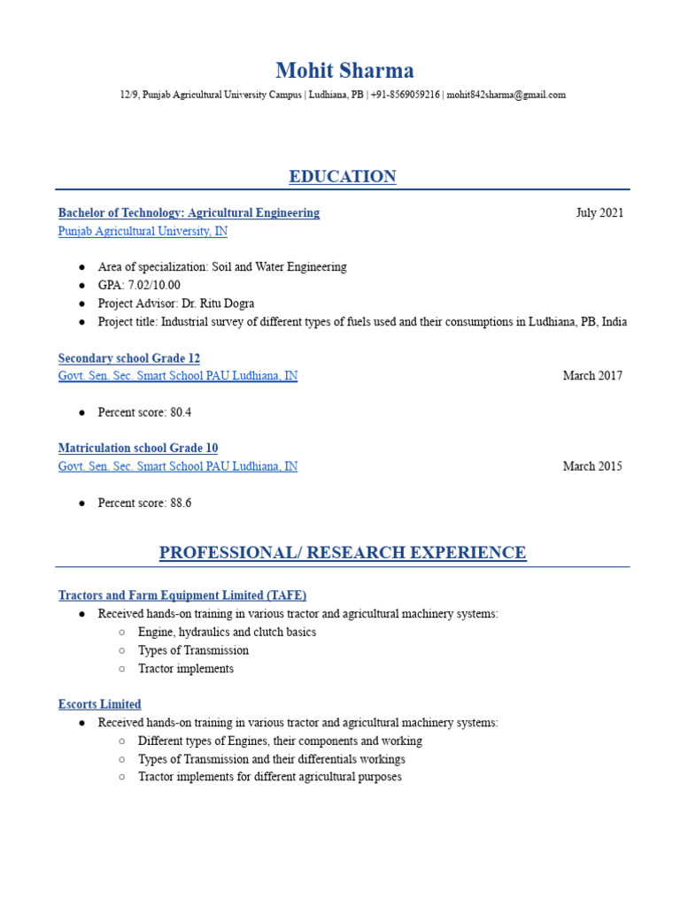CV Mohit Sharma | PDF | Tractor | Agricultural Machinery