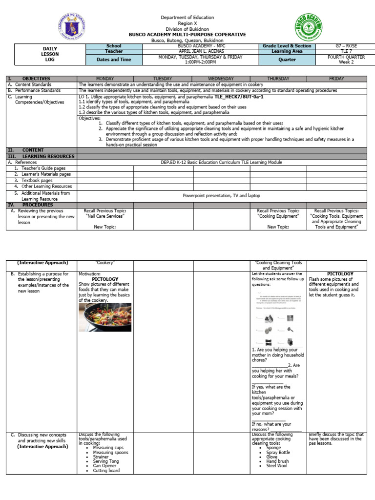 G7 TLE Daily Lesson Log: Cookery Tools | PDF | Learning | Behavior ...